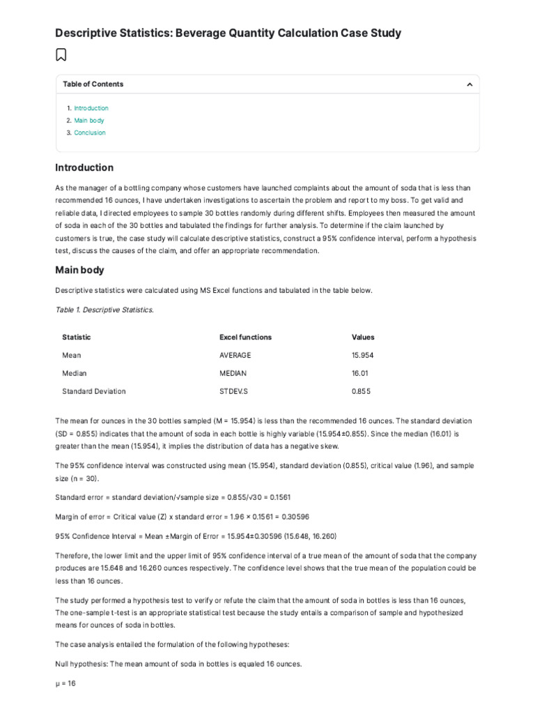 Descriptive Statistics - Beverage Quantity Calculation - 656 Words ...