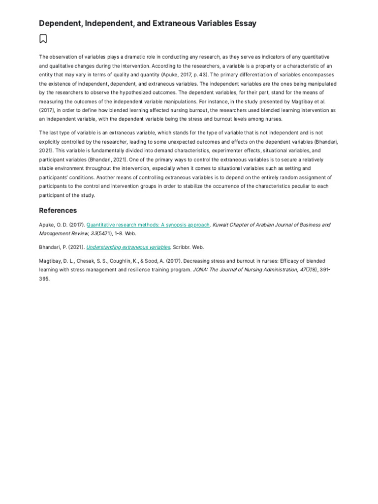 Dependent, Independent, and Extraneous Variables - 275 Words - Essay Example | PDF