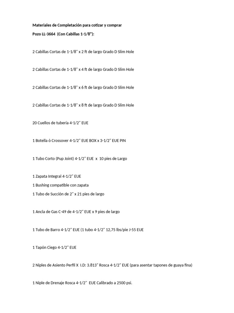 Materiales de Completación para cotizar y comprar | PDF