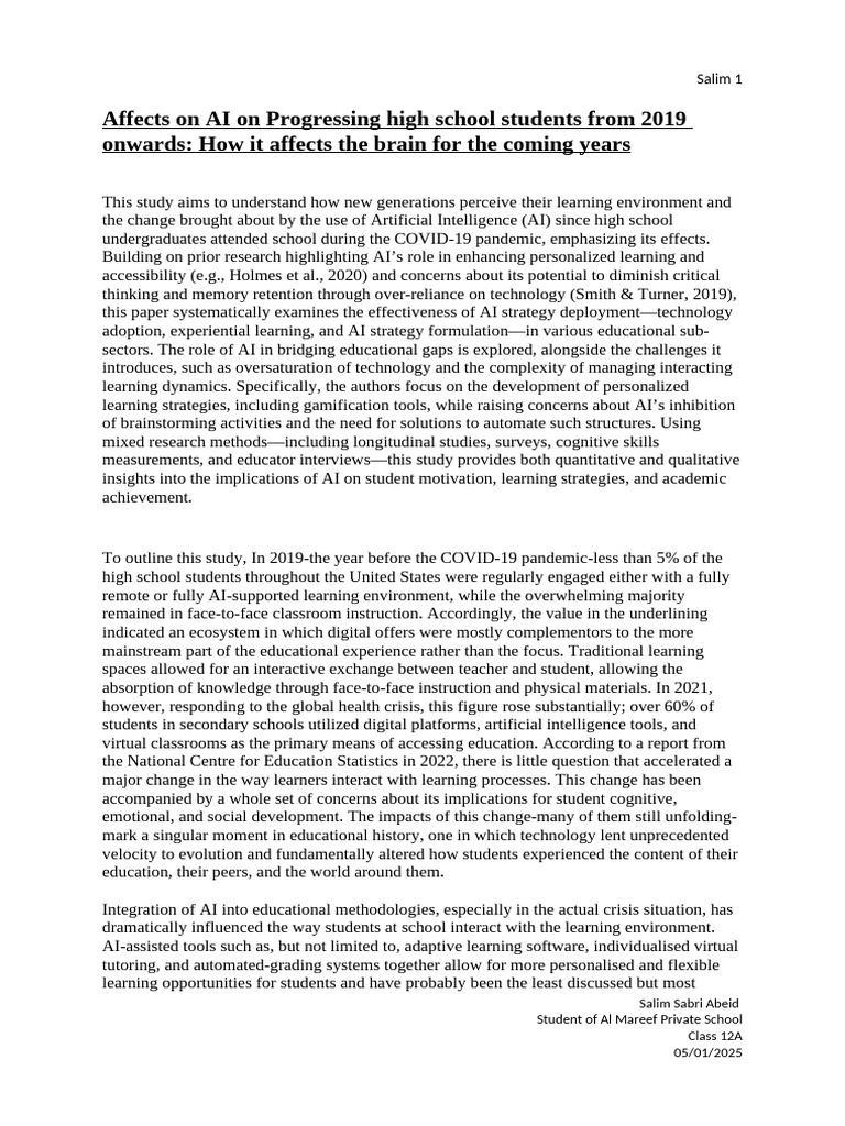 Reaseach Paper by Salim Sabri Abeid 12A | PDF | Adolescence | Learning