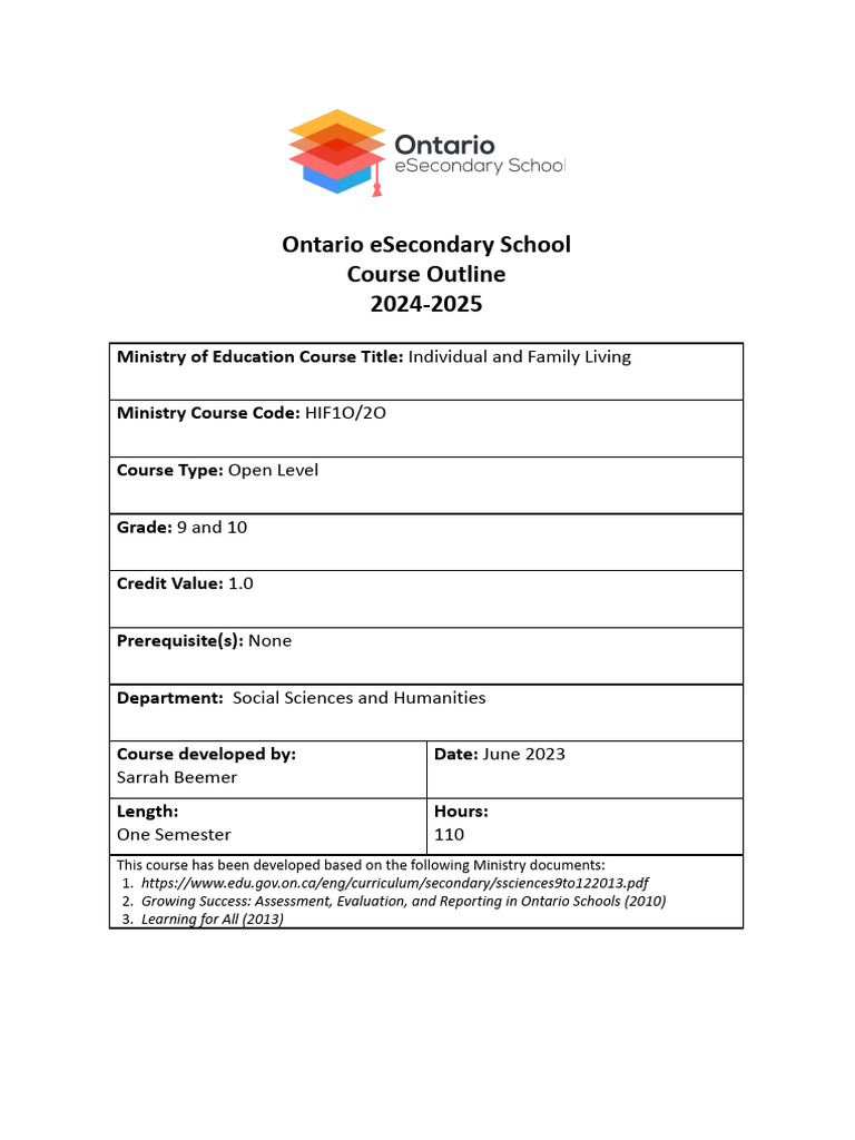 HIF1O Course Outline: Family Living | PDF | Educational Assessment ...