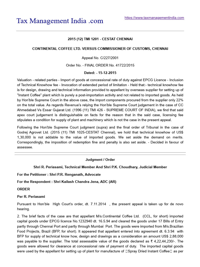 2015 (12) TMI 1201 - AT - Continental Coffee LTD Versus Commissioner of Customs Chennai | PDF ...