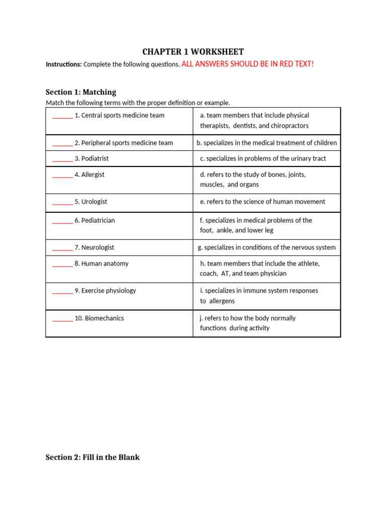 Chapter 1 Worksheet | PDF | Neurology | Physical Therapy