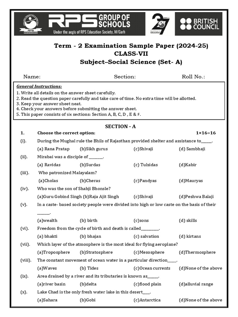 7th Class Social Science Sample Paper 2025 | PDF | Earth Sciences