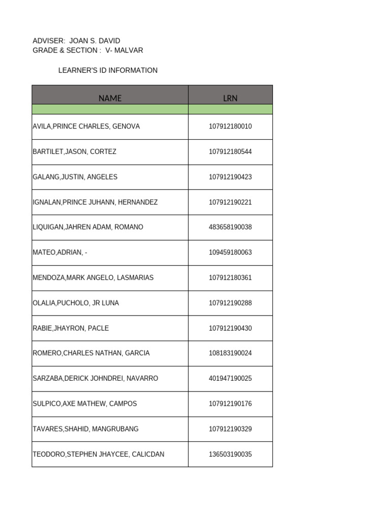 Learners Id Information | PDF