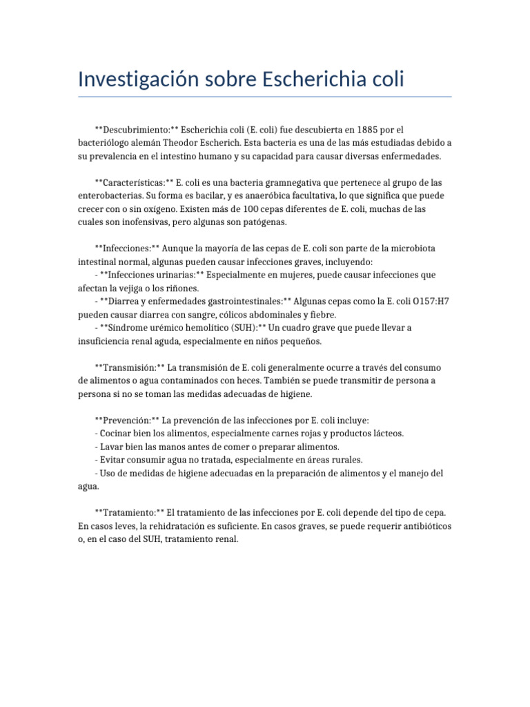 Investigación sobre Escherichia coli | PDF