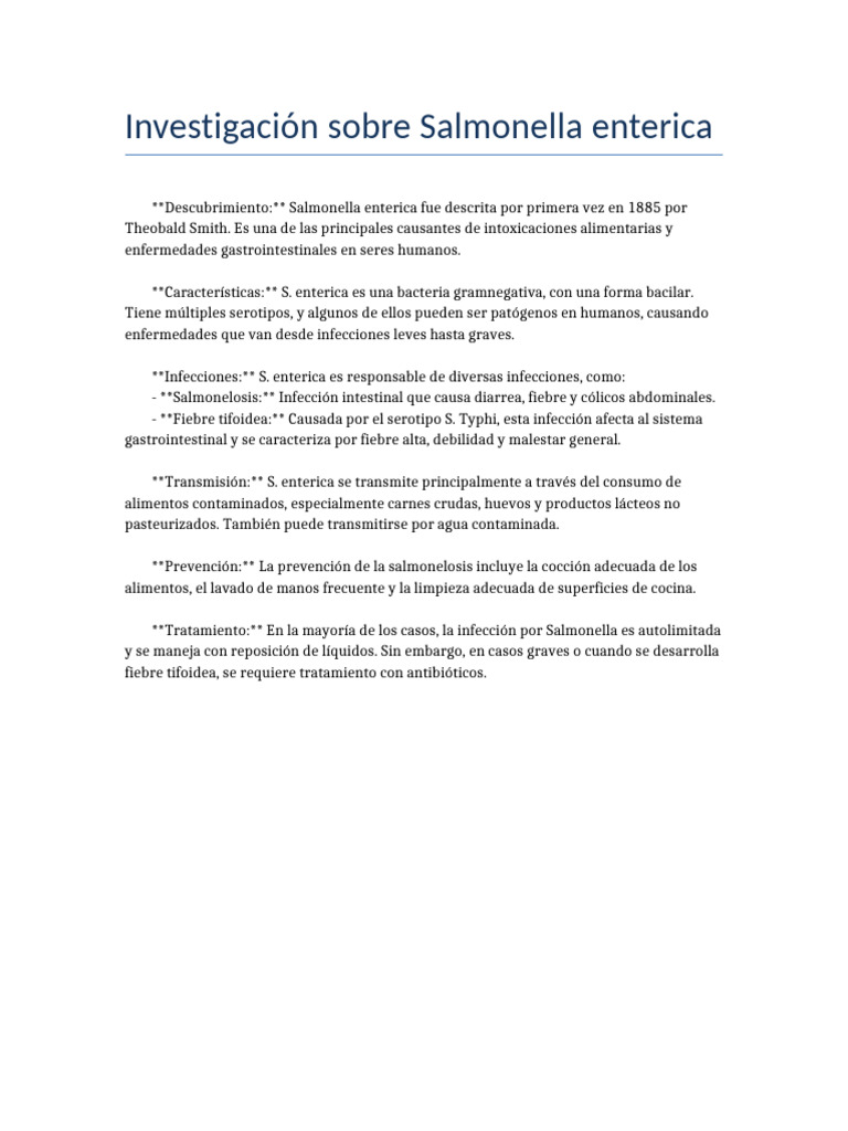 Investigación Sobre Salmonella Enterica | PDF