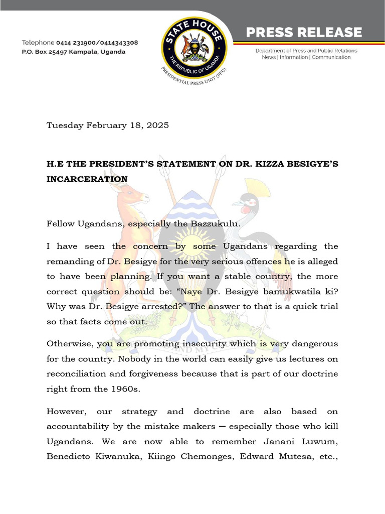 Ppu - H.E The President's Statement On Dr. Kizza Besigye's ...
