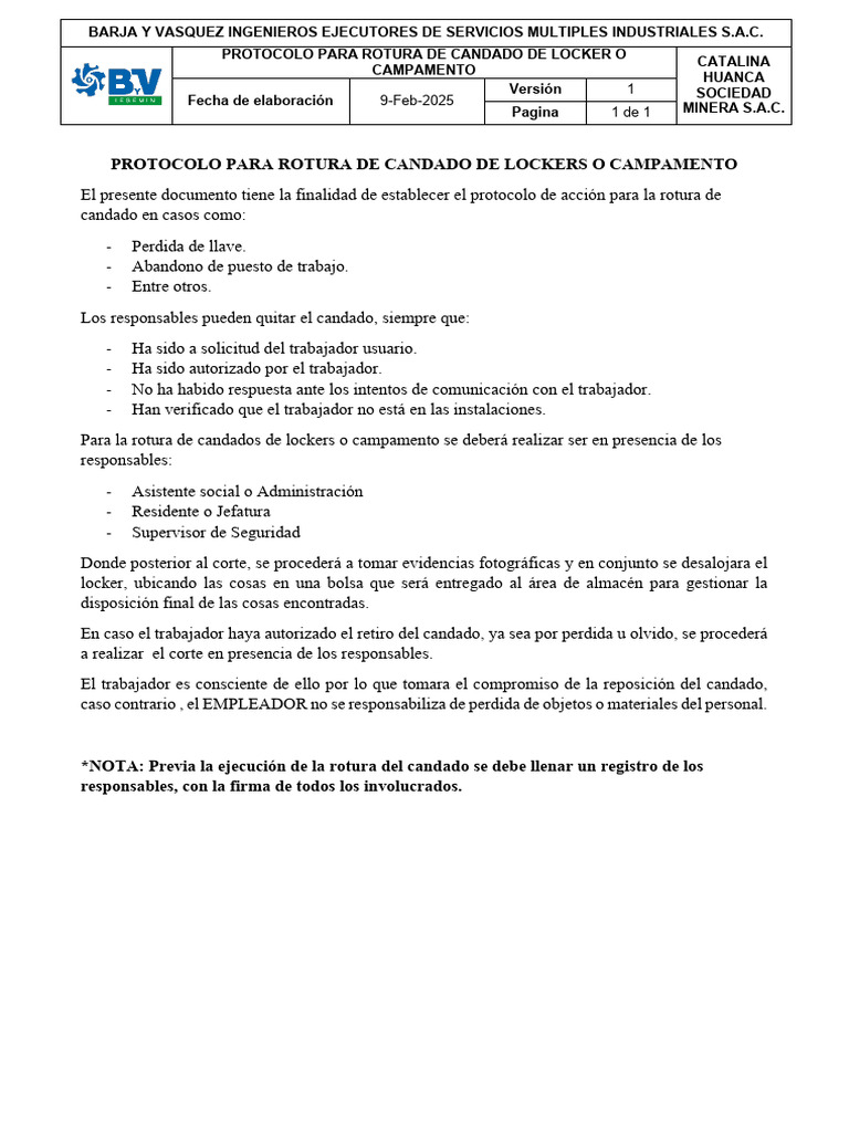 Protocolo para Romper Candados en Lockers | PDF