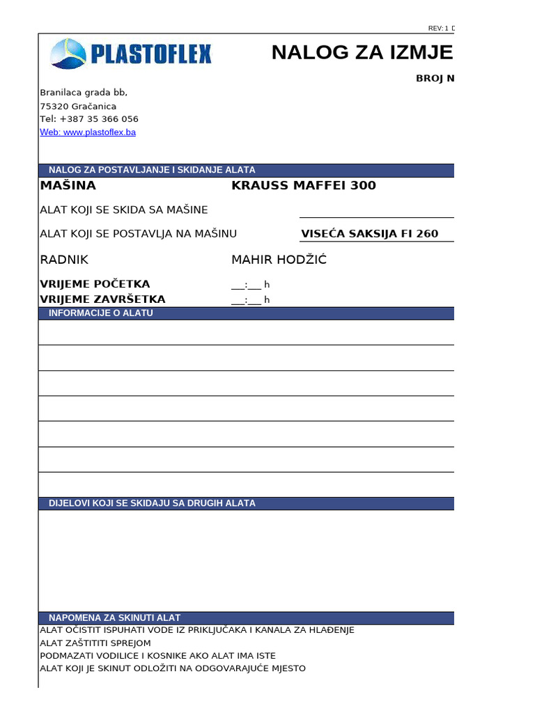 Nalog Za Izmjenu Alata 50 | PDF