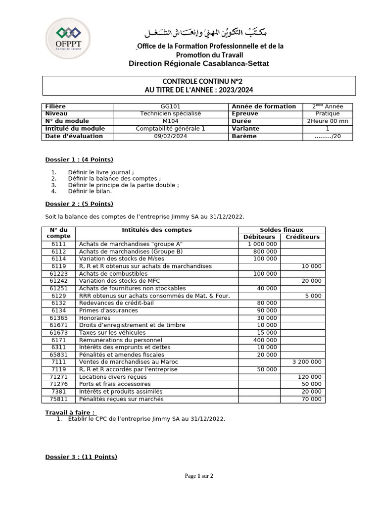 Contrôle Continu 2023/2024 en Comptabilité | PDF | Banques | Facture