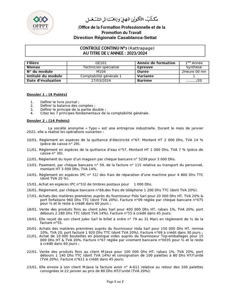Contrôle Continu Comptabilité 2023/2024 | PDF | Facture | Taxe sur la ...
