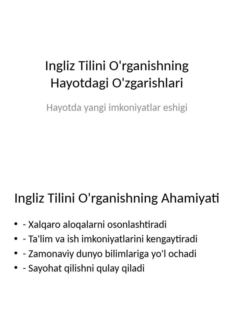 Ingliz Tilini O'Rganish Prezenatsiya | PDF