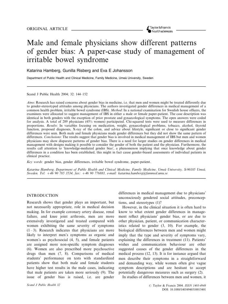 Hamberg Et Al 2004 Male and Female Physicians Show Different Patterns ...