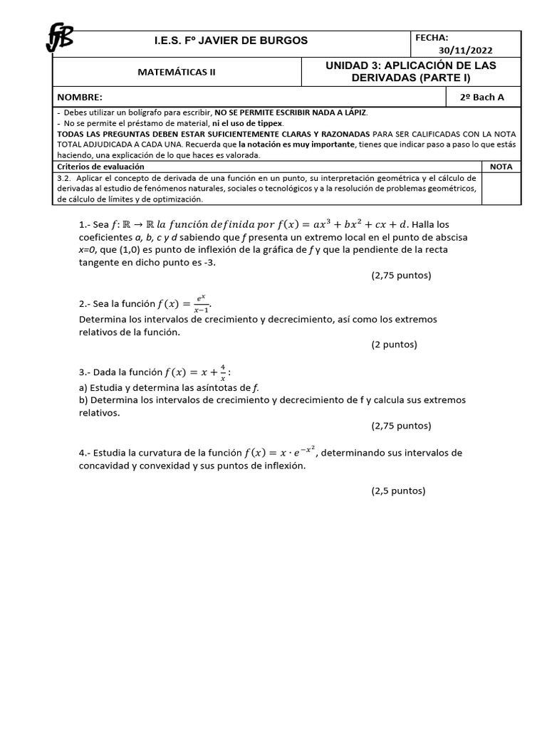 Examen Aplicación Derivadas | PDF | Función (Matemáticas) | Derivado