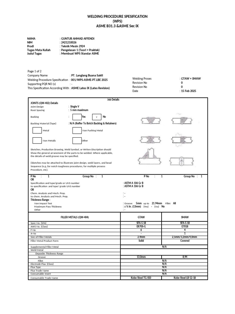 Tugas Membuat WPS Pengelasan Standar ASME - Guntur Ahmad Affendi - TM2924 | PDF | Electric ...
