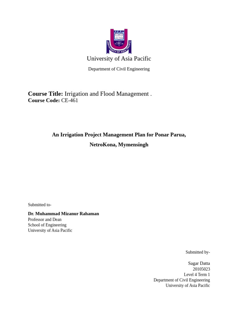 Irrigation Project Plan for Ponar Parua | PDF