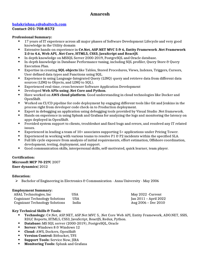 Amaresh - SR Fullstack .Net Developer | PDF | Microsoft Sql Server | Language Integrated Query