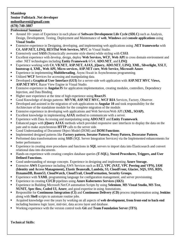 Manideep .Net Fullstack Developer Resume | PDF | J Query | Microsoft Sql Server