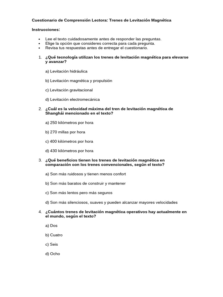 Cuestionario de Comprensión Lectora | PDF