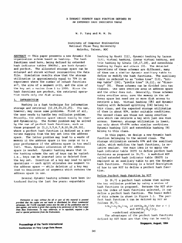 A Dynamic Perfect Hash Function Defined by An Extended Hash Indicator Table - 1984 (P245) | PDF ...