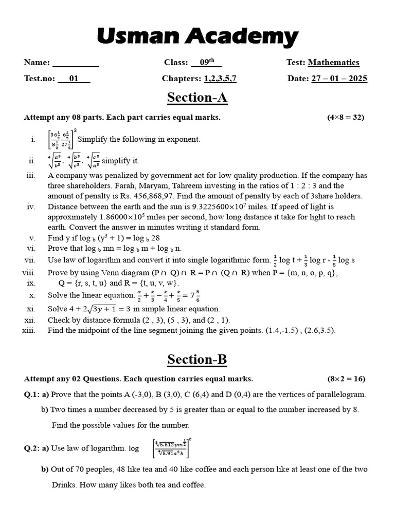 9th Grade Math Test | PDF | Logarithm | Mathematics
