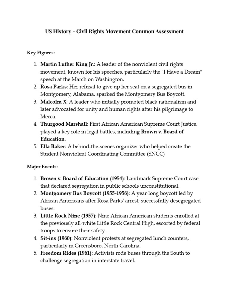 US History - Civil Rights Movement Common Assessment | PDF | Student ...