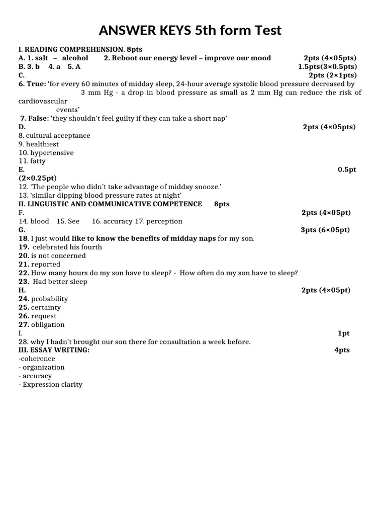 5th Grade Test Answer Keys | PDF