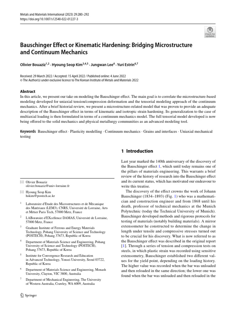 Bauschinger Effect or Kinematic Hardening Bridging Microstructure and Continuum Mechanics | PDF ...