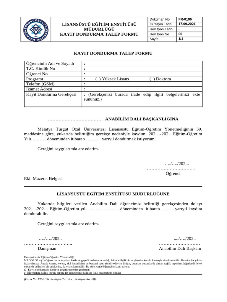 FR 0196 Kayit Dondurma Talep Formu 4 | PDF