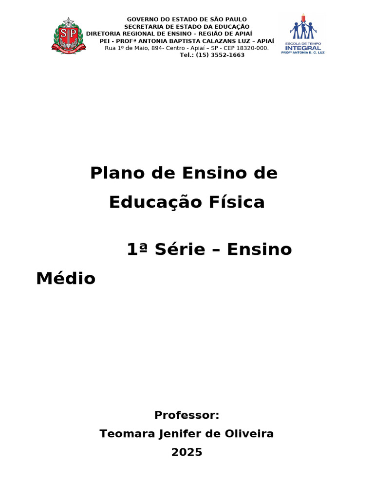 Plano Ensino Ed F 1 Ab PDF Pedagogia Educa o Em Artes Liberais