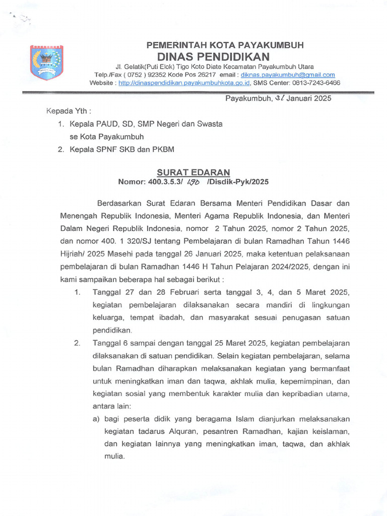 Surat Edaran Pembelajaran Di Bulan Ramadhan 2025 | PDF