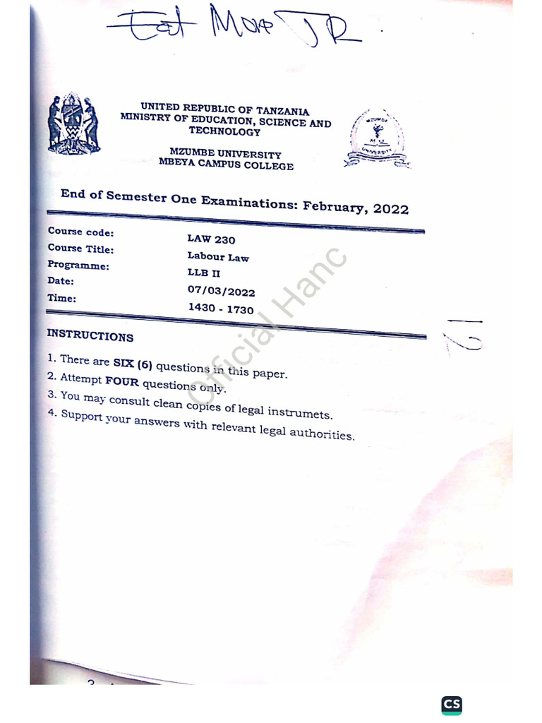 Labour Law Past Papers LLB 2 - 1 | PDF