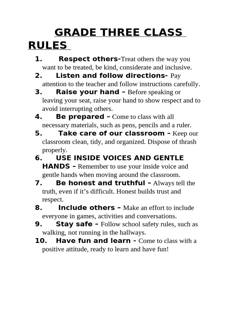 Grade Three Class Rules | PDF