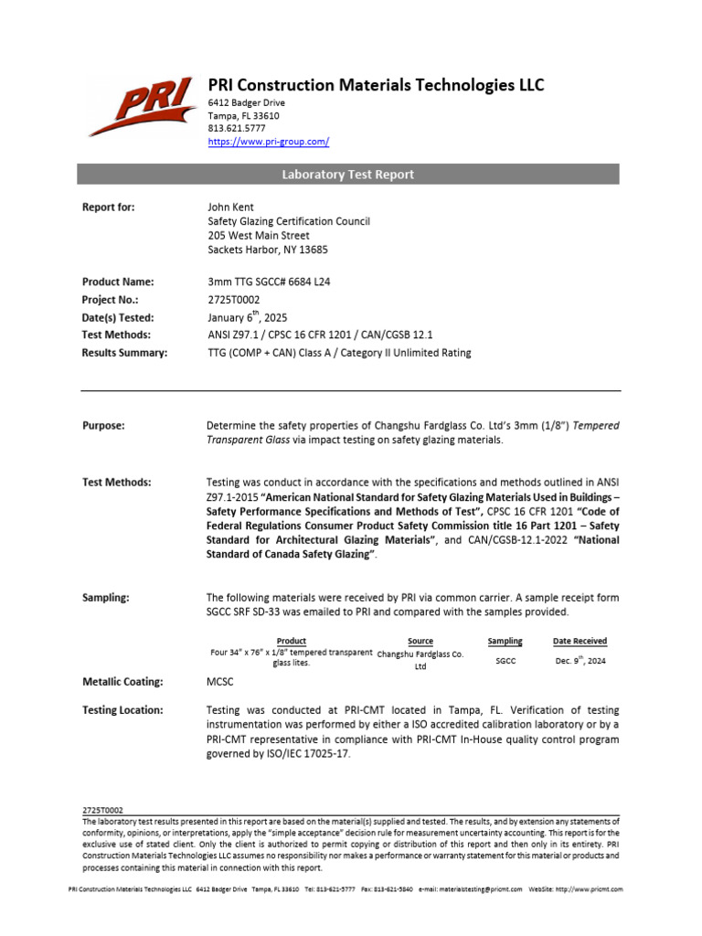 2725T0002 Report ANSI Z97 CFR 1201 CAN For 3mm | PDF | Standardization