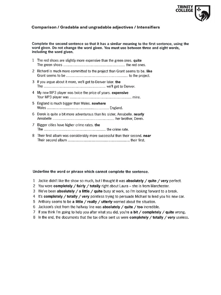Gradable and Ungradable Adjectives + Intensifying Adverbs | PDF