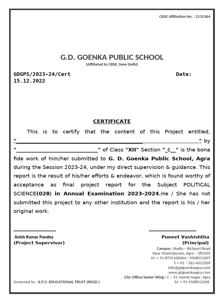 Certificate of Class 11 Political Science | PDF