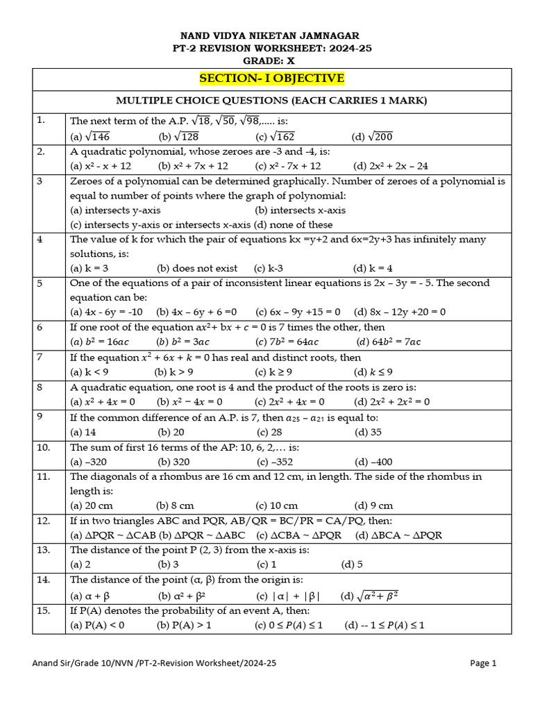 X PT-2 Revision Worksheet-1 | PDF | Zero Of A Function | Quadratic Equation