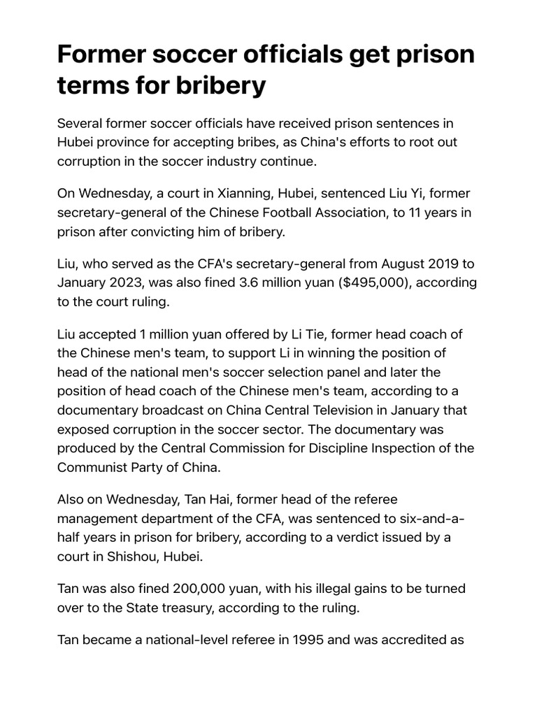Former Soccer Officials Sentenced for Bribery | PDF | Bribery | Crimes