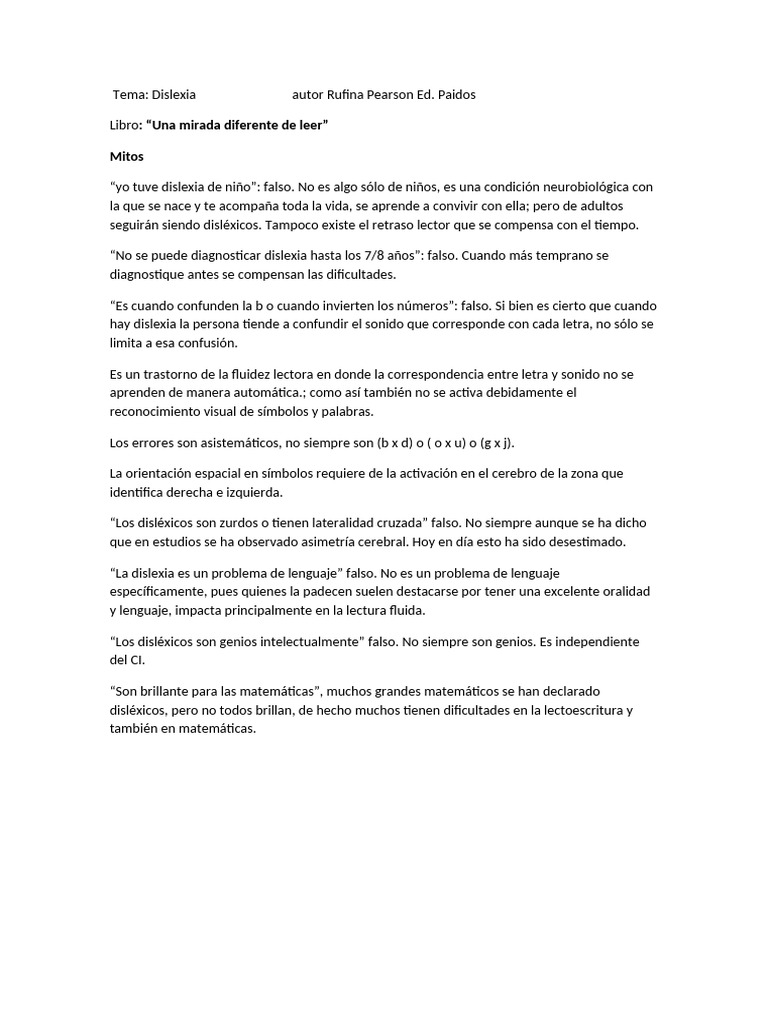 Resumen DIslexia - Libro de Rufina Pearson | PDF