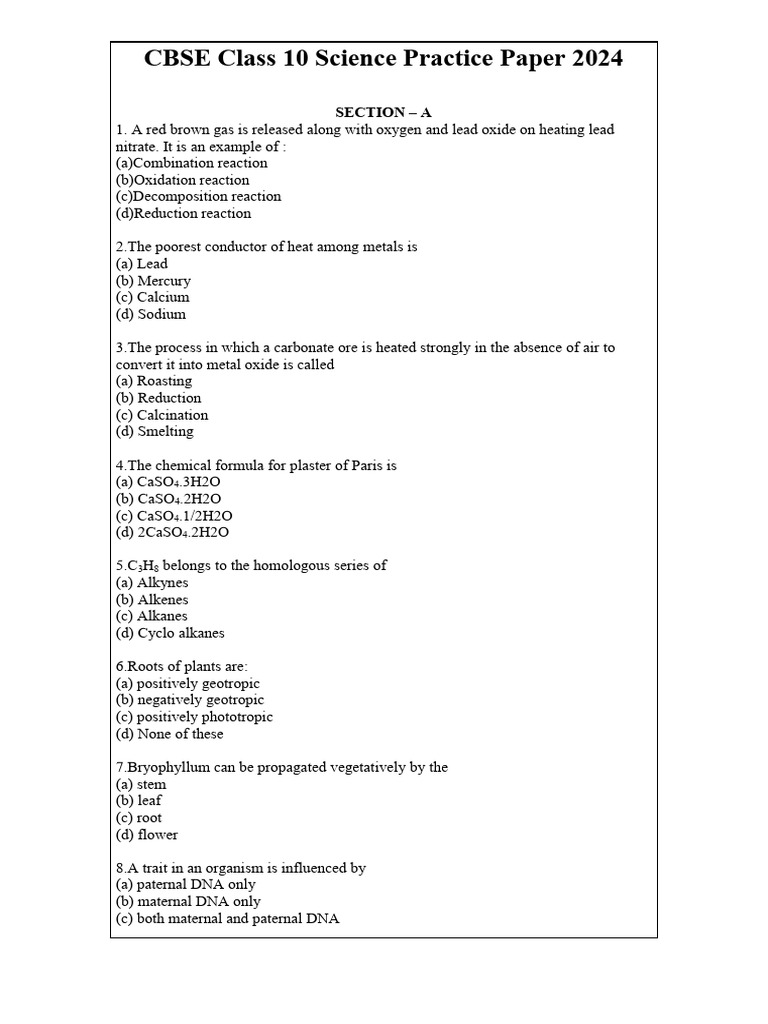 Cbse Class 10 Science Practice Paper 2024 | PDF | Voltage | Oxide