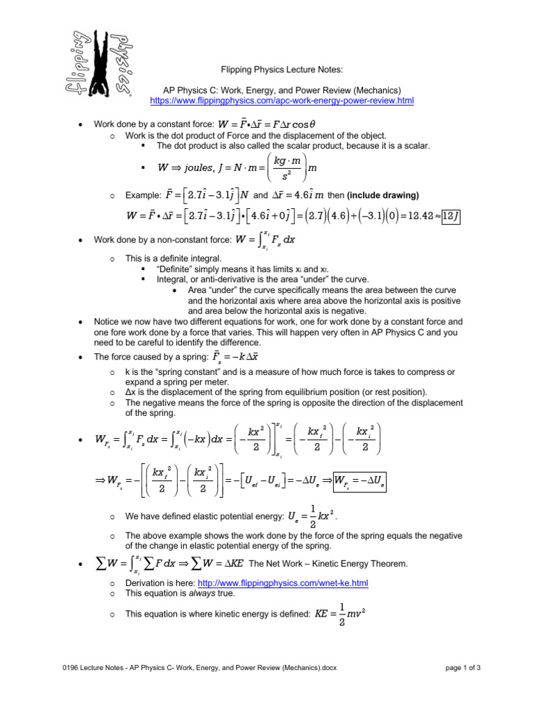 AP Physics C: Work, Energy, Power Review | PDF | Force | Potential Energy