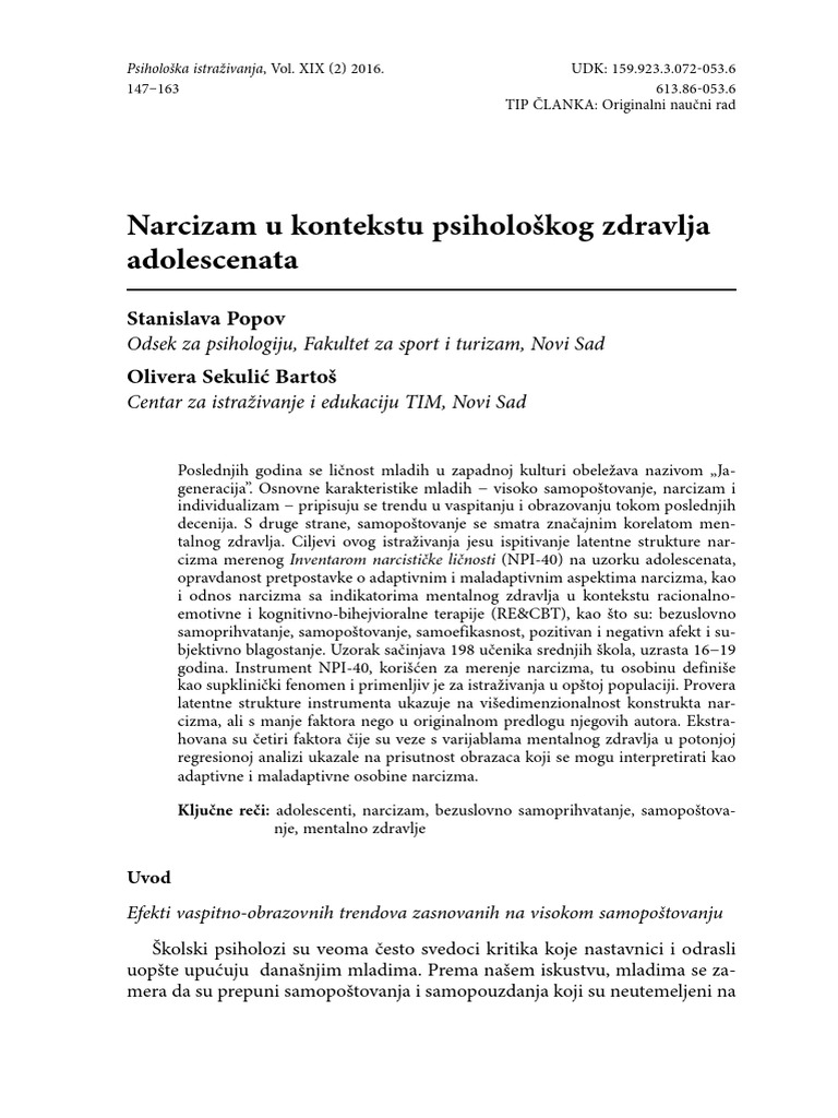 Narcizam U Kontekstu Psiholoskog Zdravlja Adolescenata - Stanislava ...