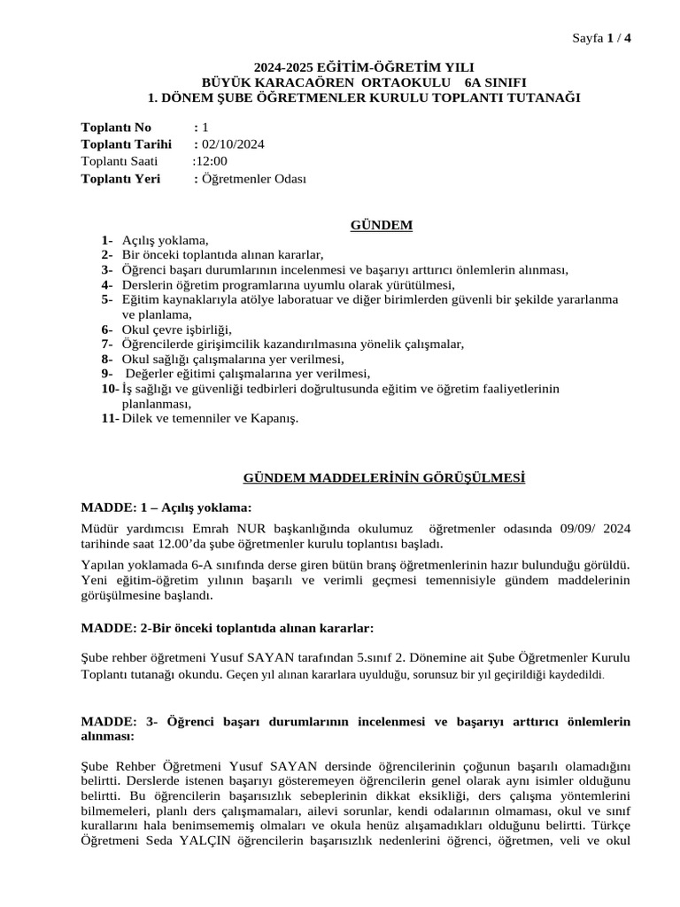 Sinif 1. Donem Sok Toplanti Tutanagi 2023 2024 | PDF