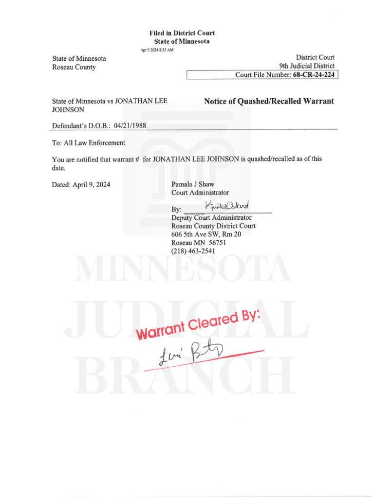 Quashed Warrant Notice for Jonathan Johnson | PDF