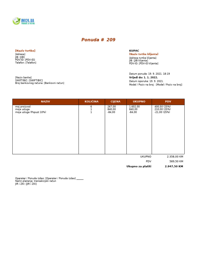 Sluzbena Ponuda Primjer Bih | PDF