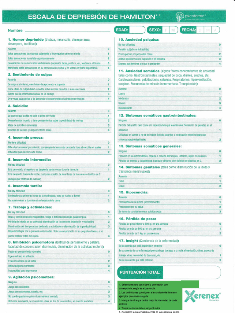 Escala de Depresión de Hamilton | PDF | Depresión (estado de ánimo ...
