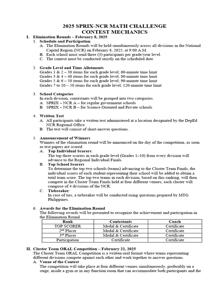 Mechanics of 2025 SPRIX NCR Math Challenge | PDF