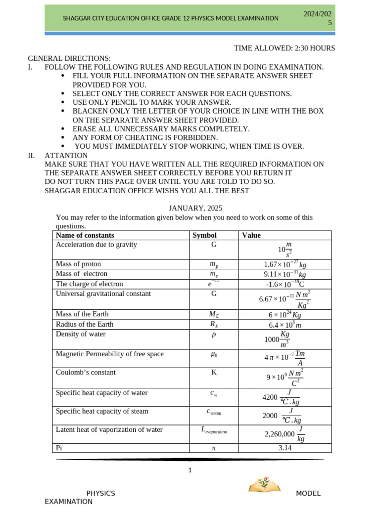 Grade 12 Physics Model Exam 2024 | PDF | Orbit | Fluid Dynamics