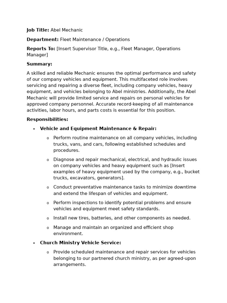 Abel Mechanic Job Description | PDF | Auto Mechanic | Vehicles
